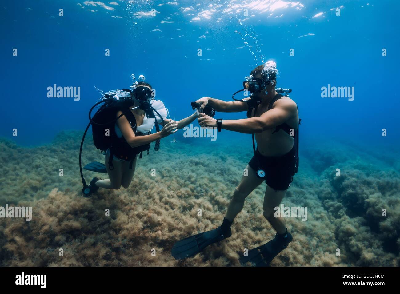 August 20, 2020. Anapa, Russia. Happy couple of scuba divers with ...