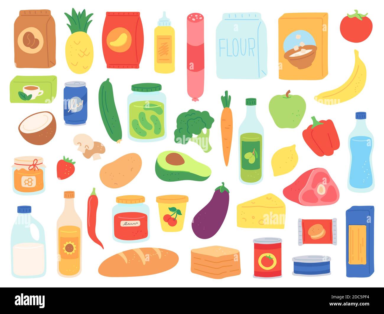 Food groceries. Shop products in bags and bottles. Supermarket snack ...