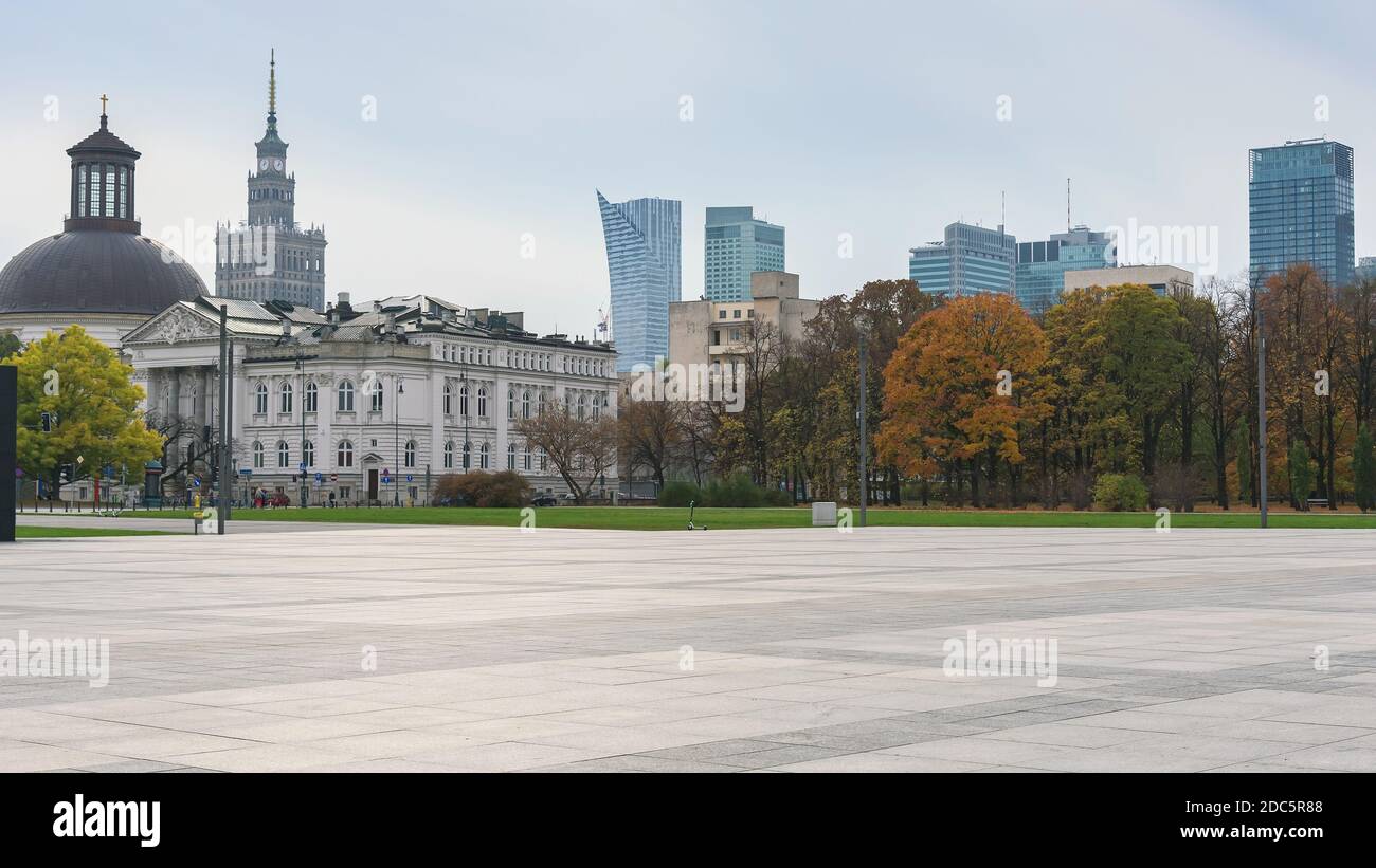 View of Pilsudski square in Warsaw downtown, capital city of Poland ...