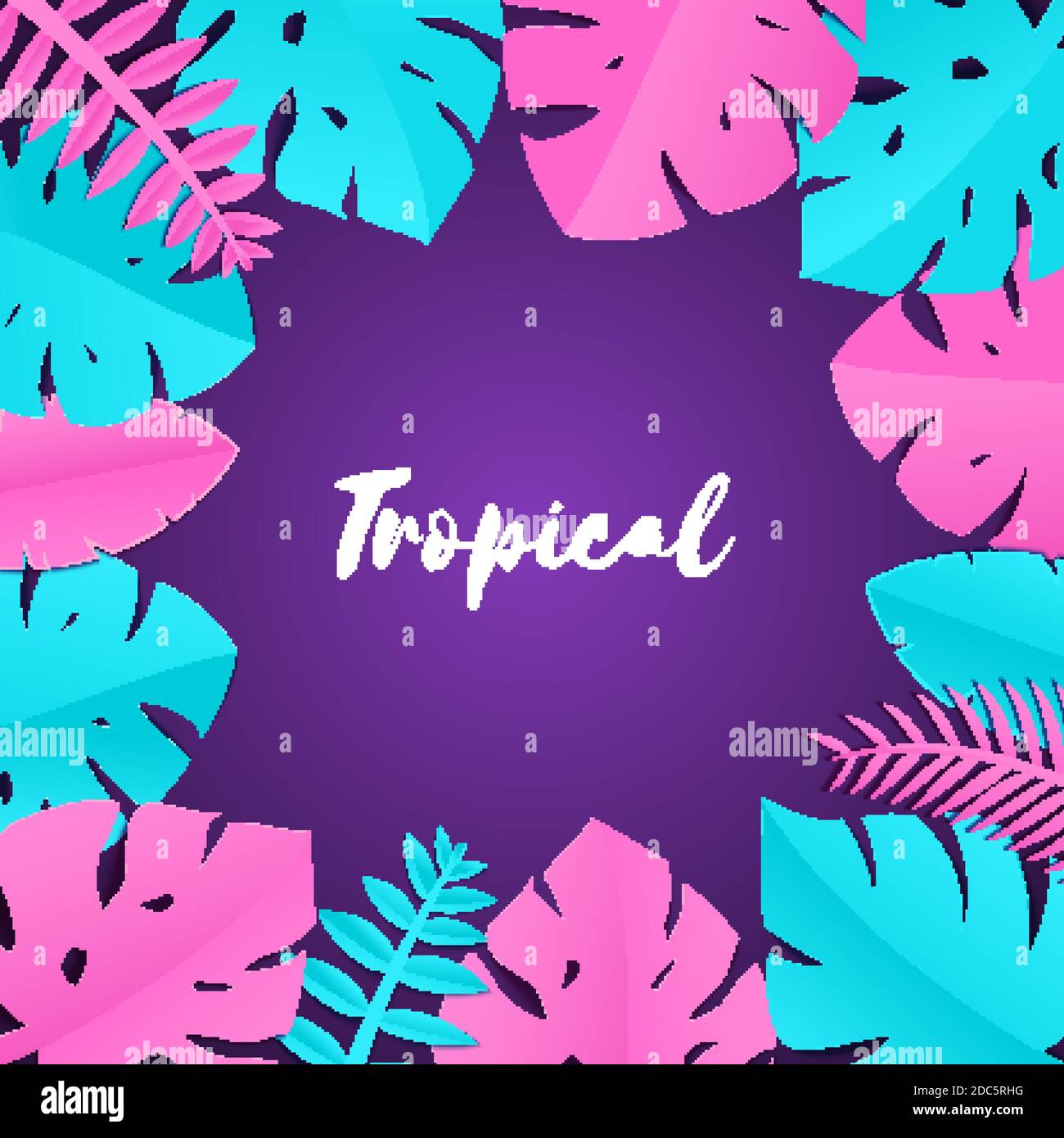 Composition with creative pink blue jungle leaves on violet background ...