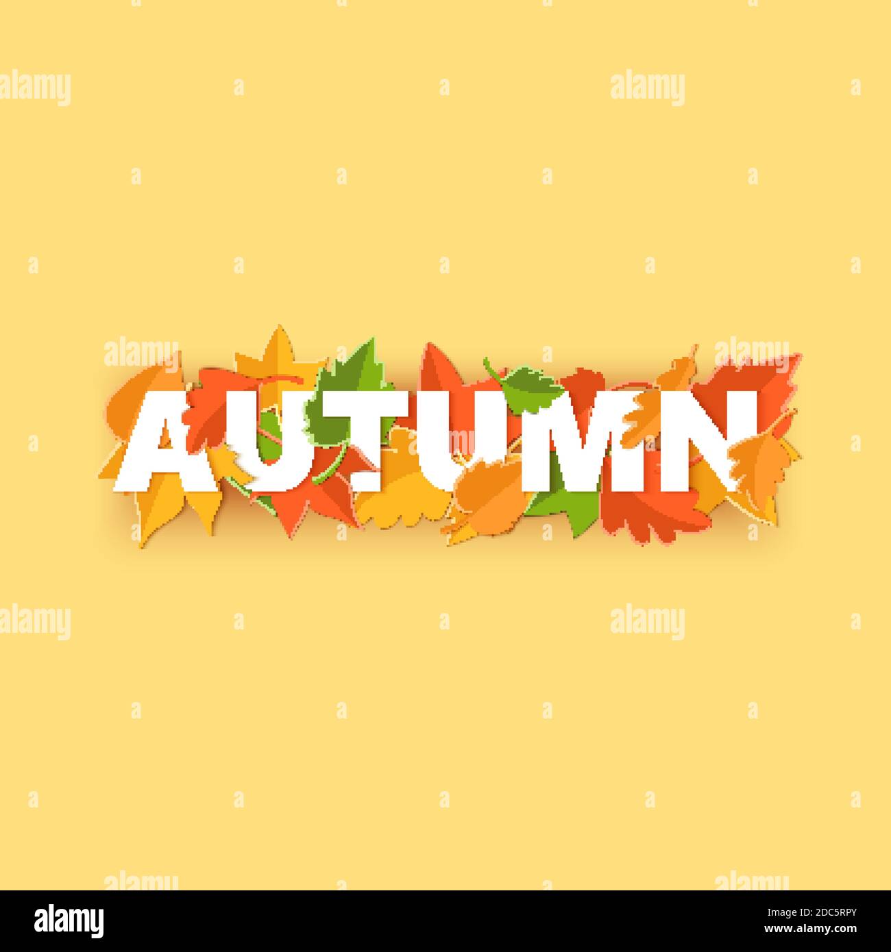 Word AUTUMN composition with green yellow red leaves on yellow ...