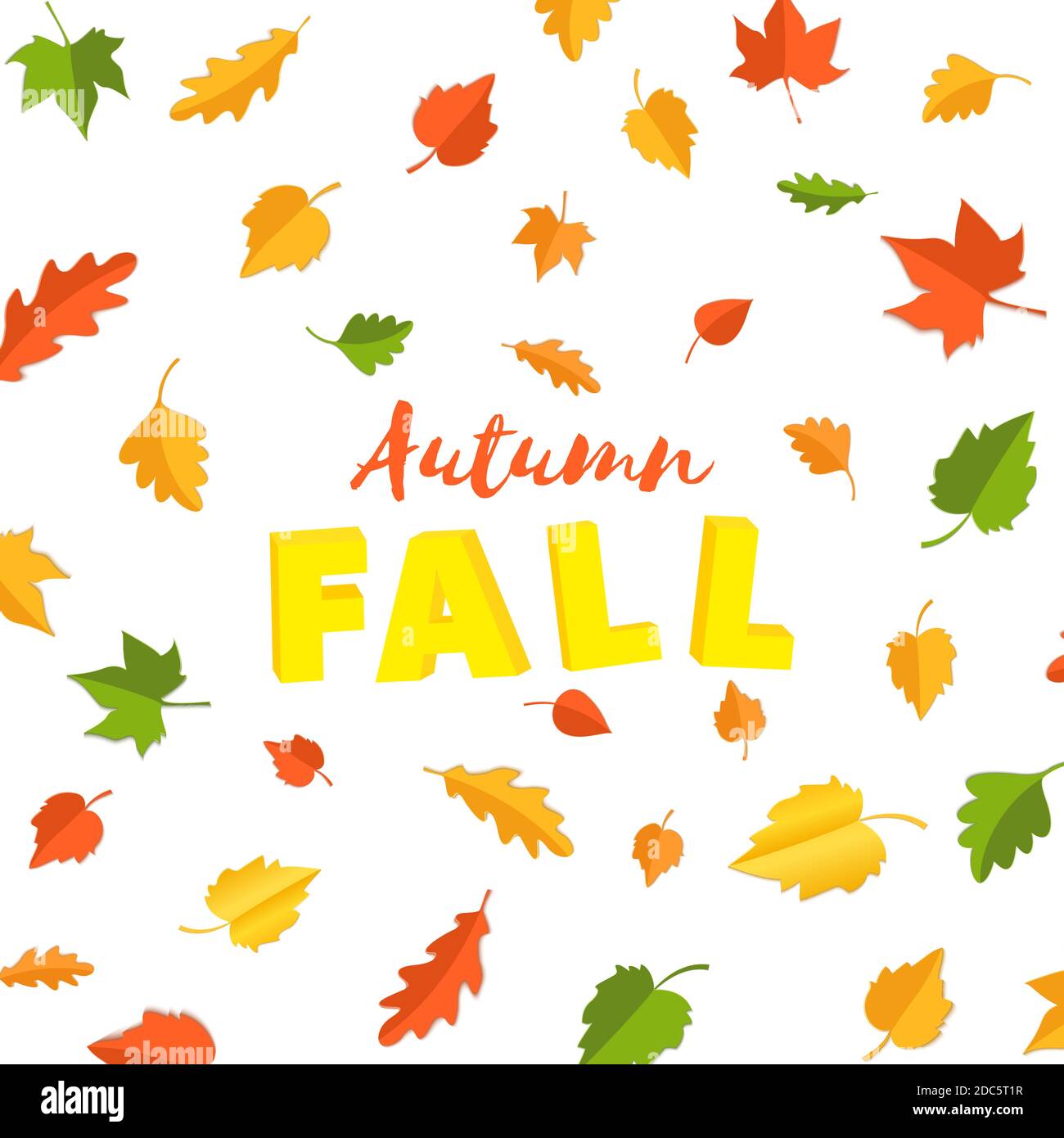 Word autumn FALL composition with green yellow red leaves on white ...