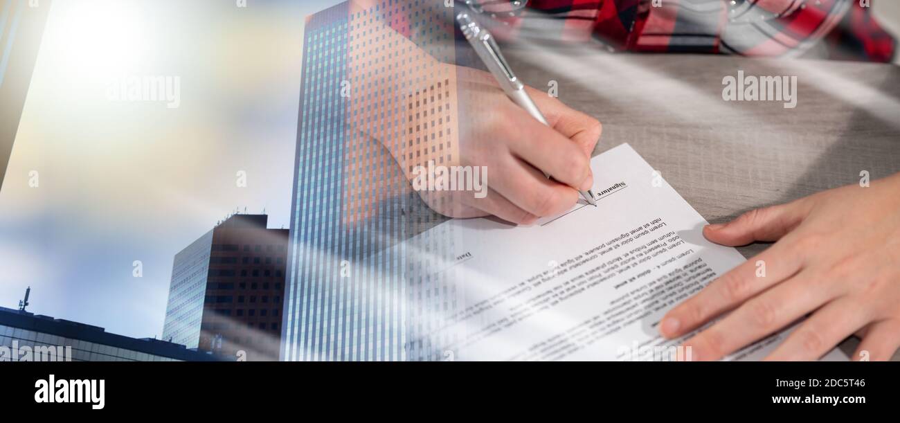 Woman hands signing a contract; multiple exposure Stock Photo - Alamy