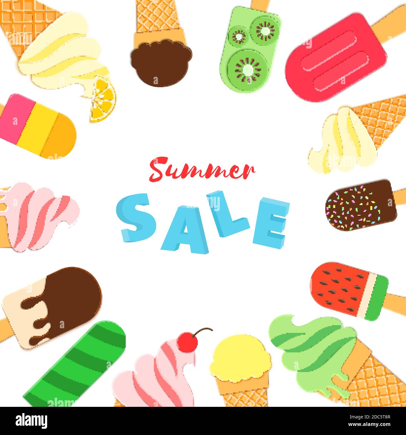 Ice cream round frame of tasty bright icecream stick and cones summer ...
