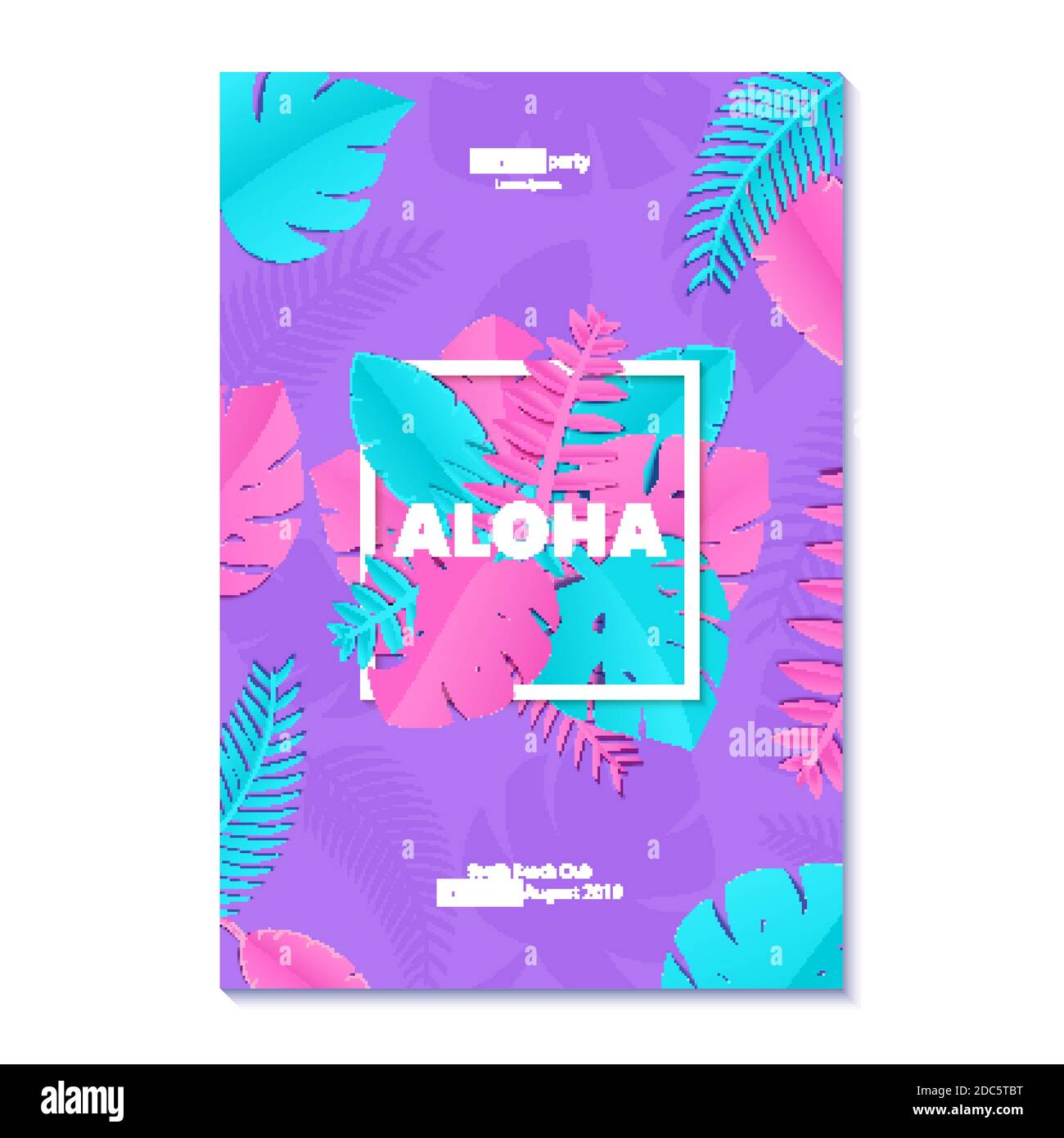 Composition ALOHA with creative pink blue jungle leaves on violet ...