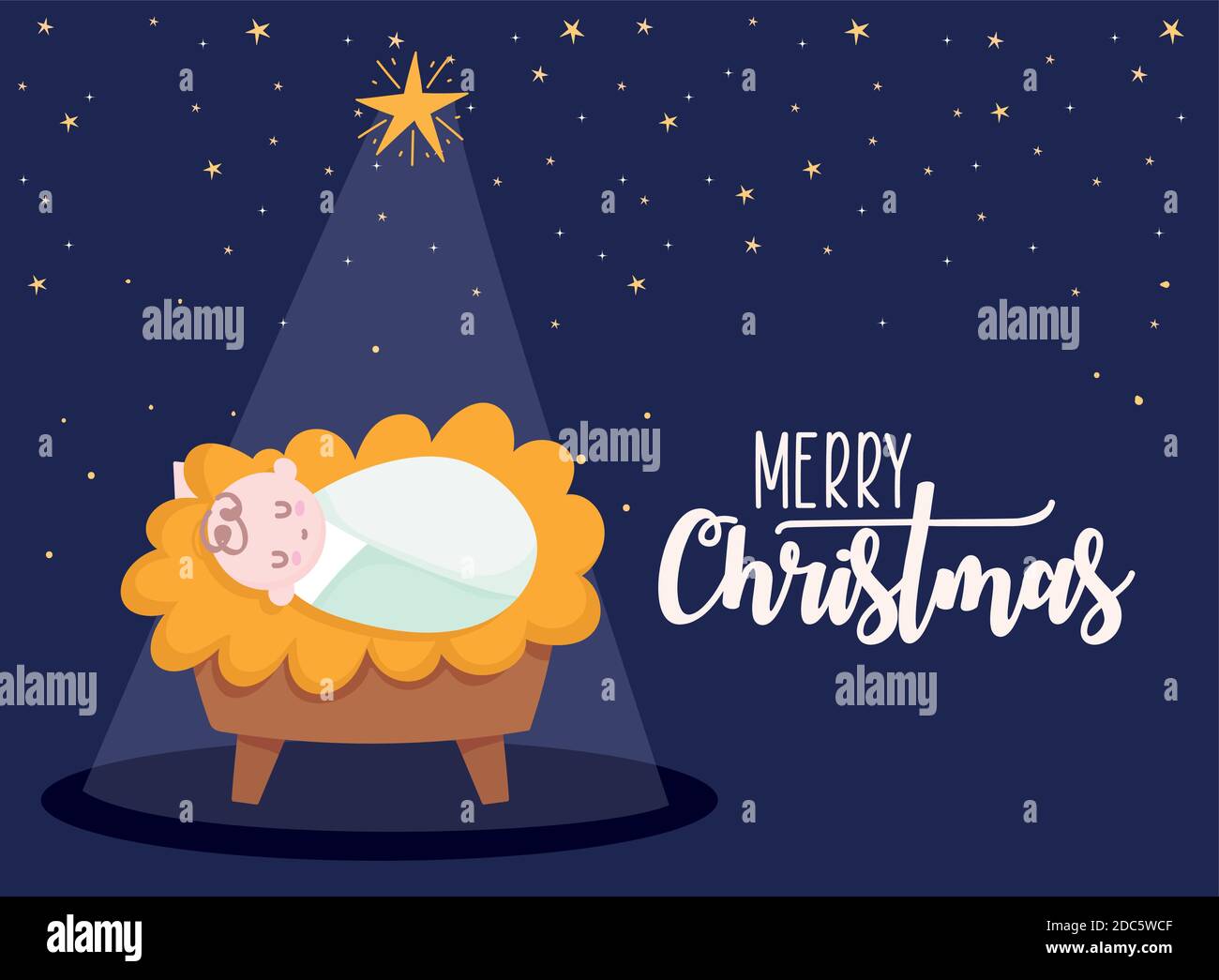 nativity, manger baby jesus in crib stars cartoon vector illustration ...