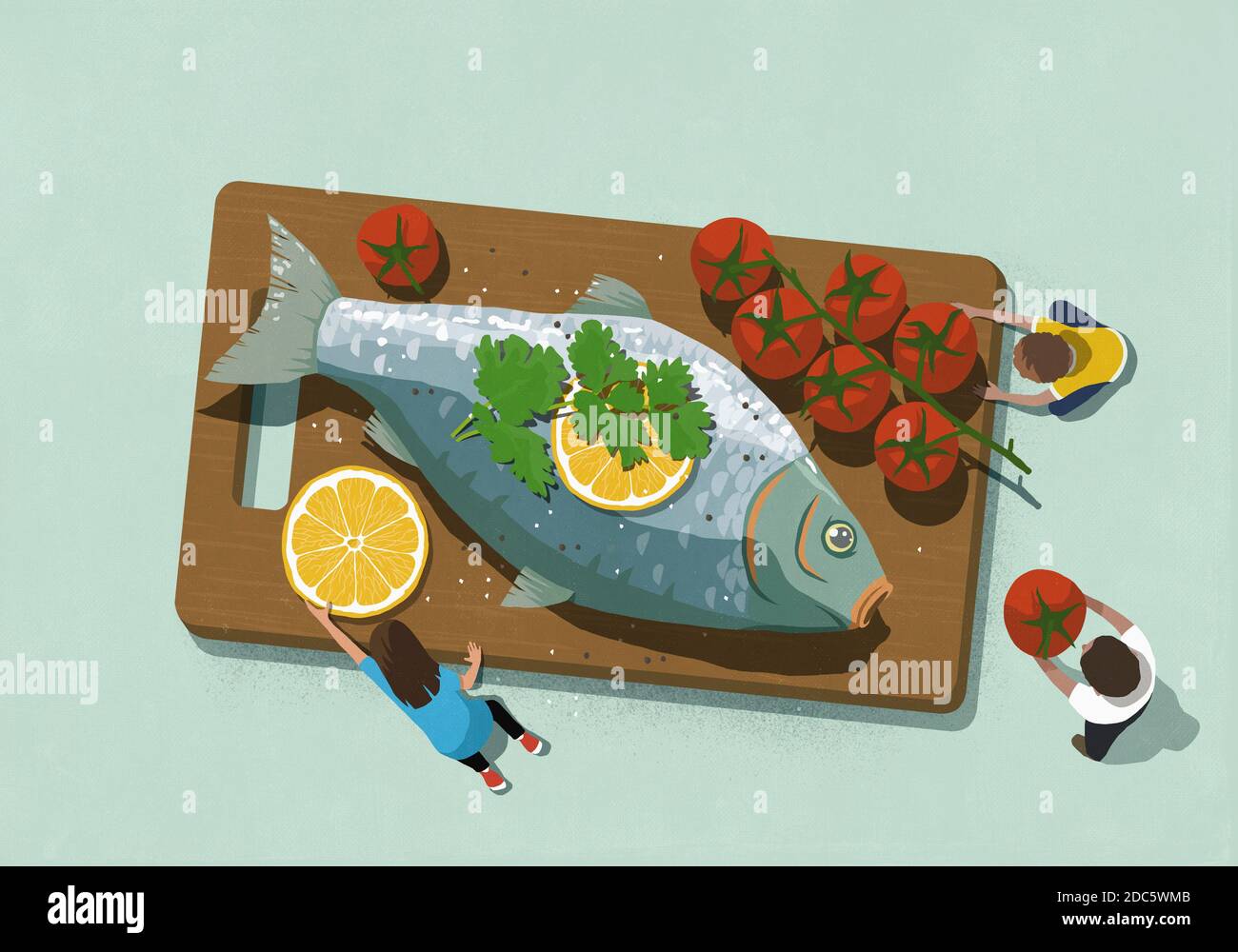 Family sharing large fish dinner with tomatoes Stock Photo - Alamy