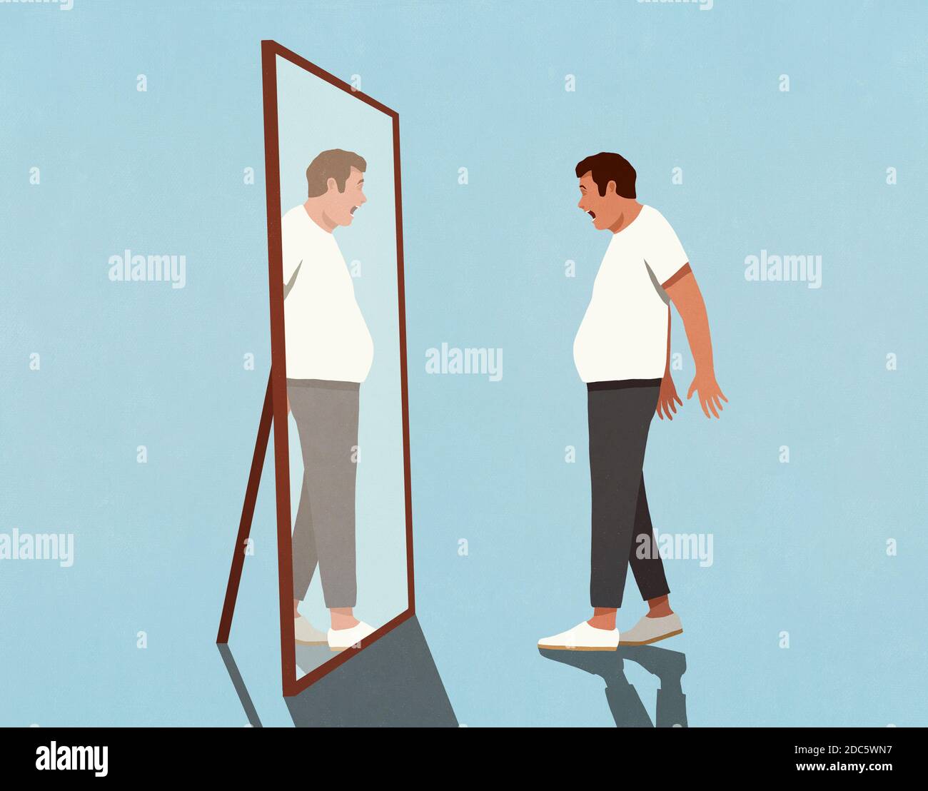 Surprised man looking at reflection of large stomach in mirror Stock ...