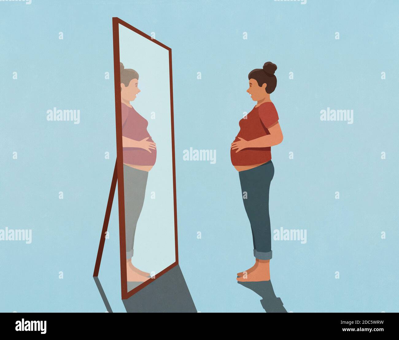 Pregnant young woman looking at reflection in mirror Stock Photo - Alamy