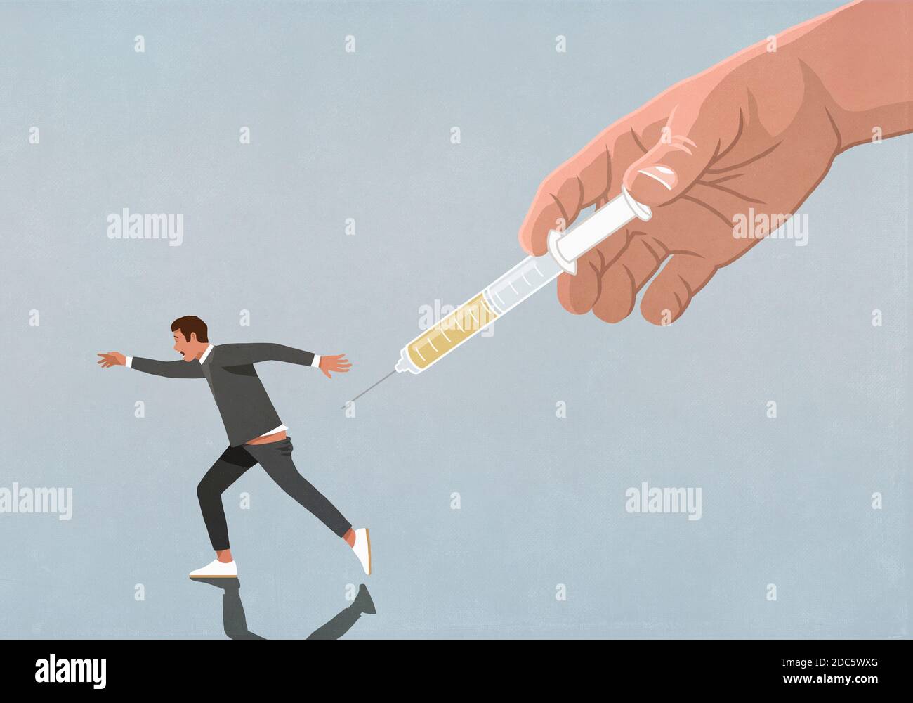 Large hand with vaccine syringe chasing running man Stock Photo - Alamy