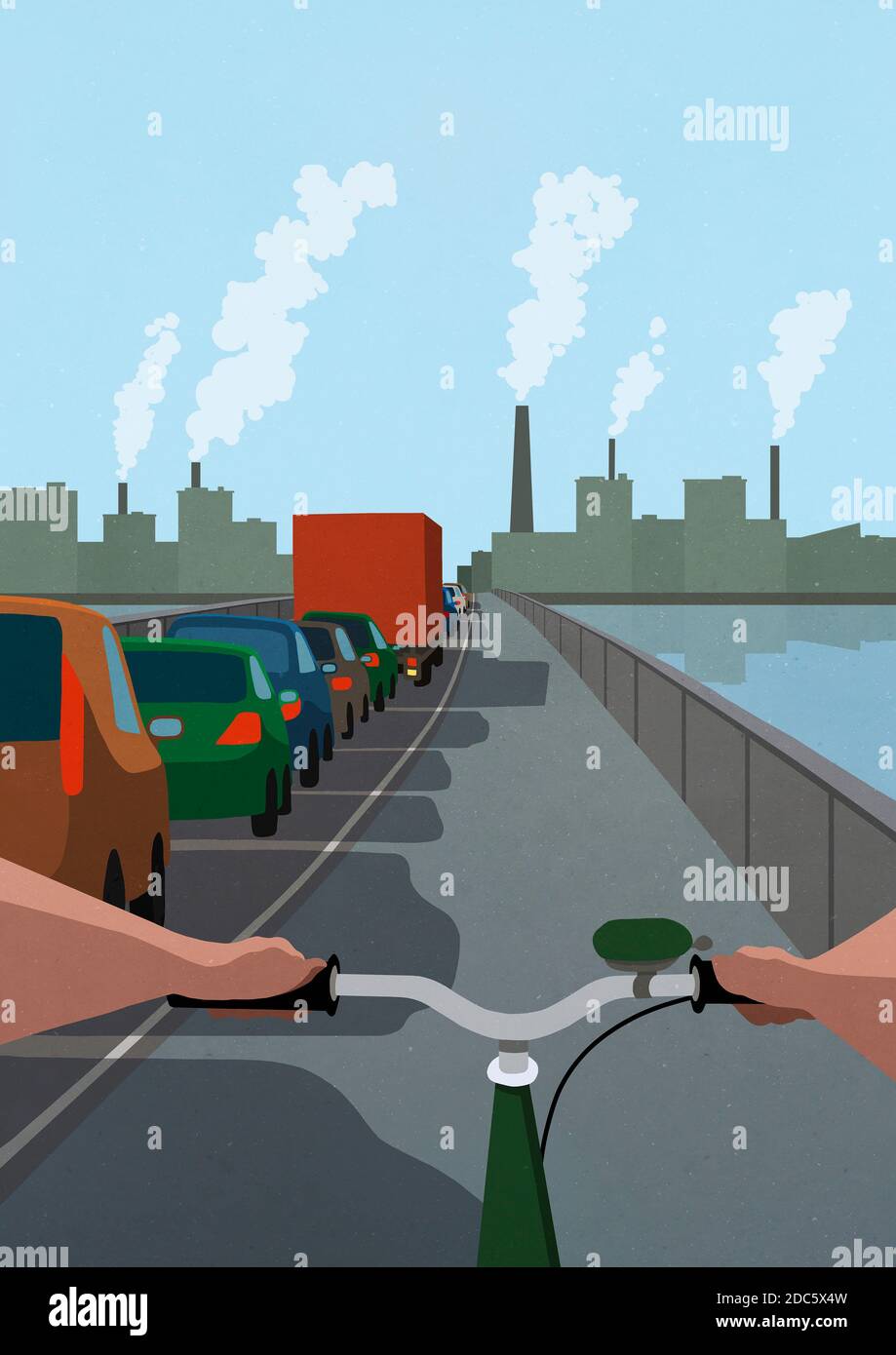 POV Bicycle in bike lane passing cars stuck in traffic jam on bridge ...