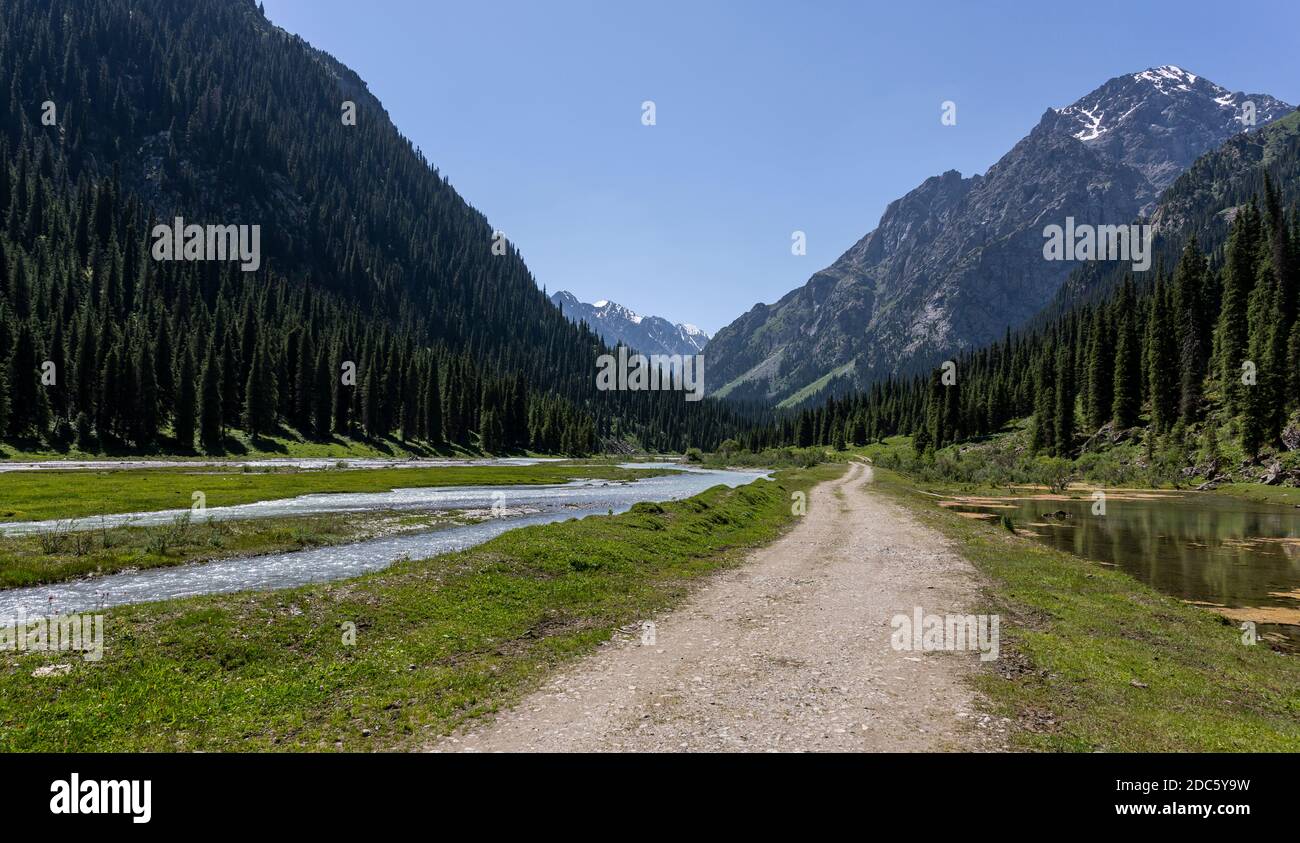 Karakol Valley with river and great mountains with snow in Kyrgyzstan ...