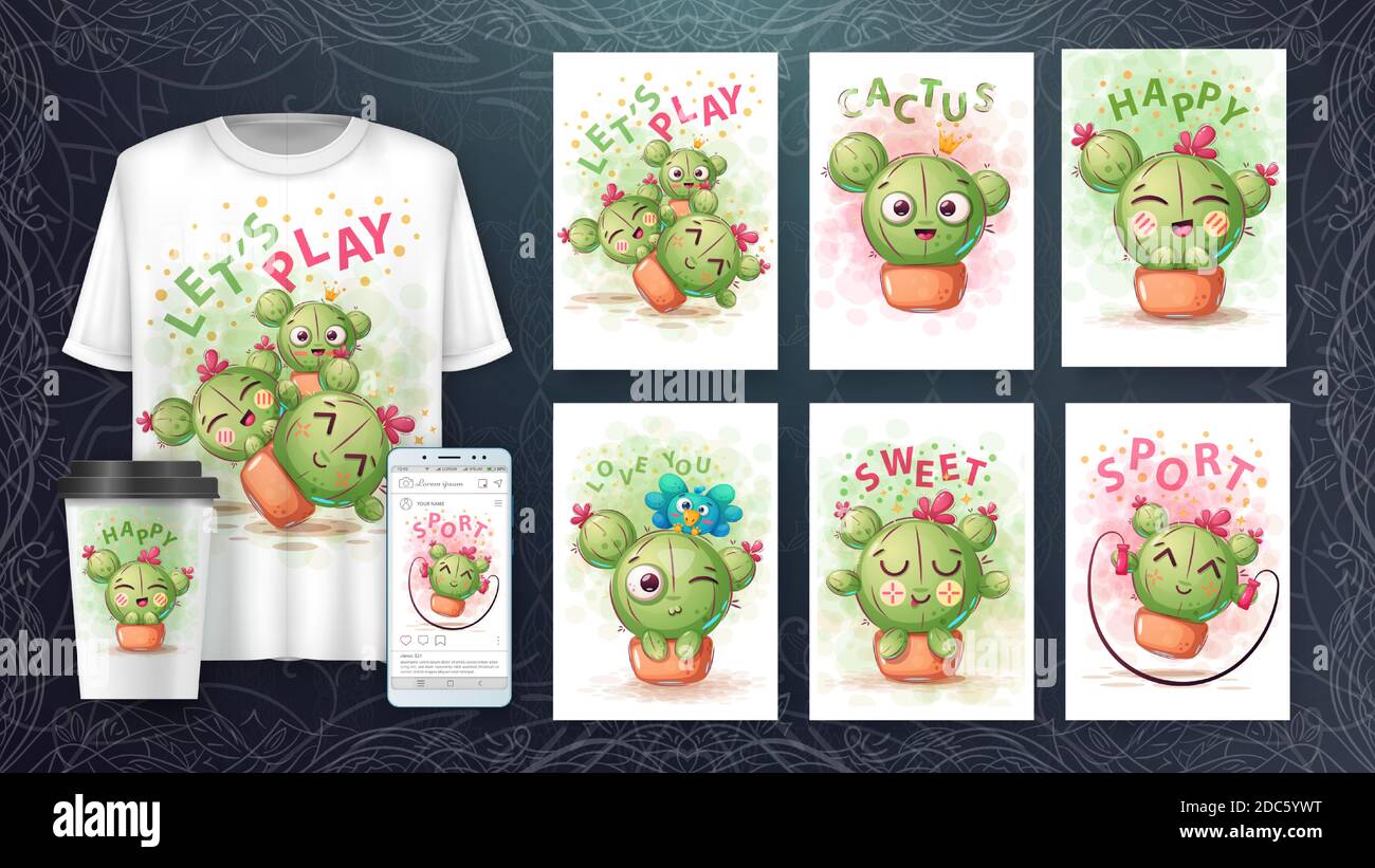 Set cute illustration - cartoon cactus emotion Stock Vector Image & Art ...