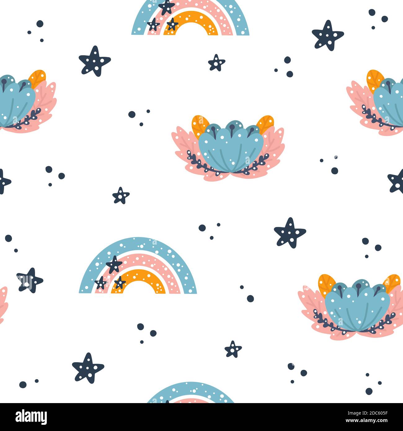 Cute spring nursery seamless pattern with boho rainbow and floral elements hand drawn in ...