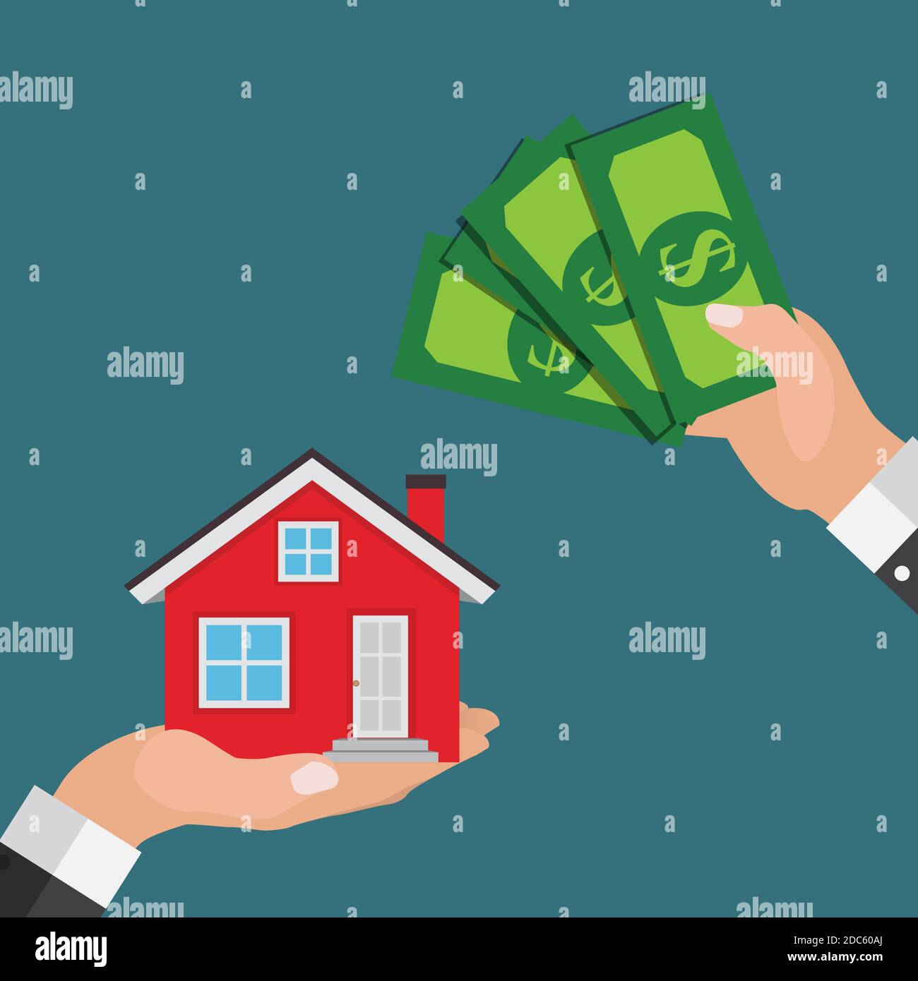 Real estate concept. Buy house poster with men hands paying money for ...