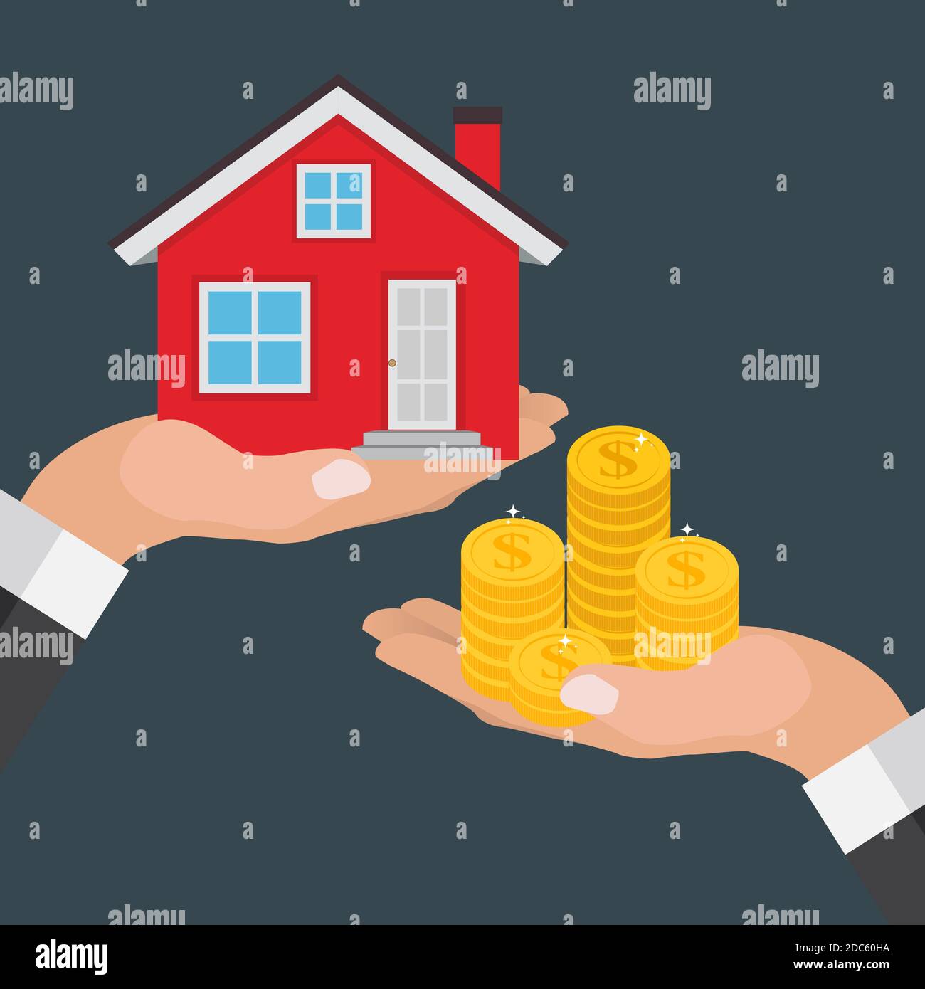 Real estate concept. Buy house poster with men hands paying money for ...