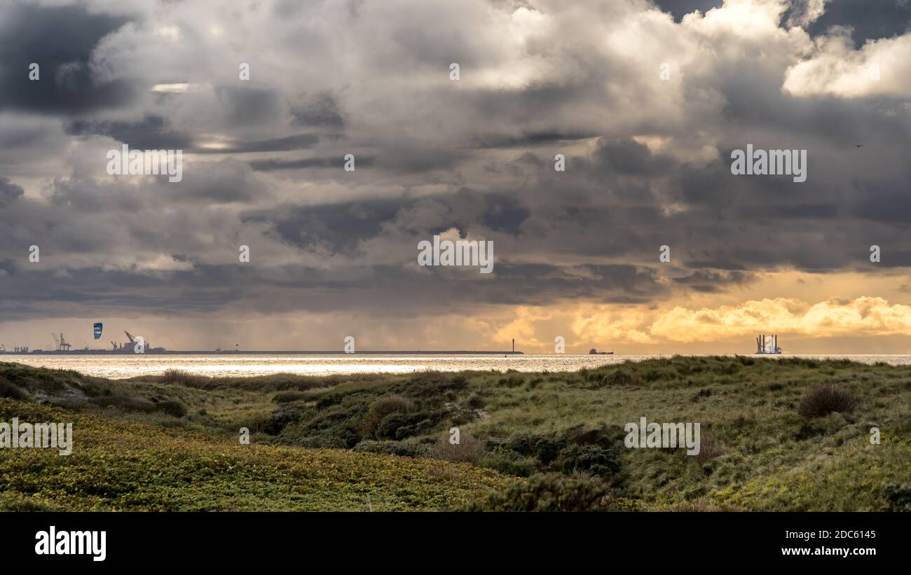 Sunset over Kijkduin and the harbor of Hoek van Holland seen from the ...