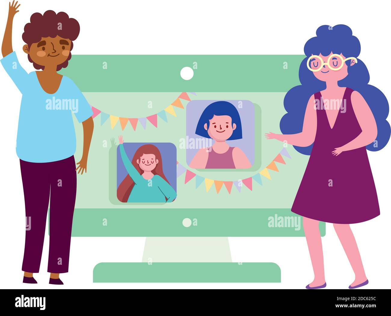 online party, couple connected with people by internet meeting ...