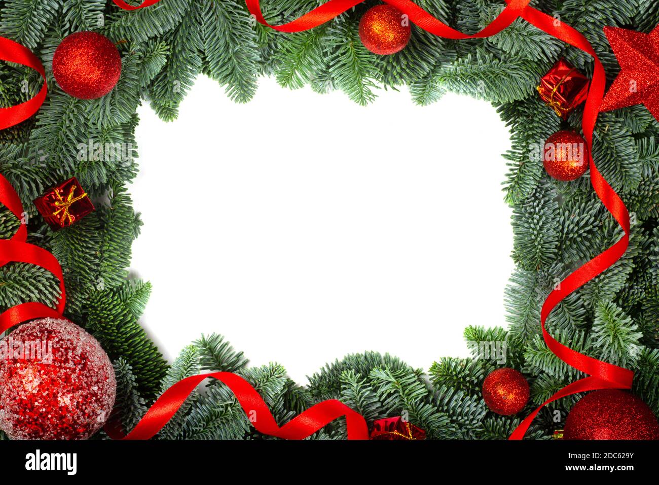 Christmas design boder frame greeting card of noble fir tree branches ...