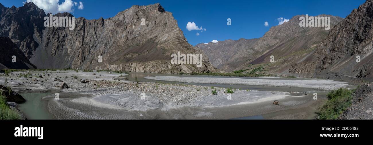 Panorama Bartang Valley with river Bartang and mountains in Tajikistan ...