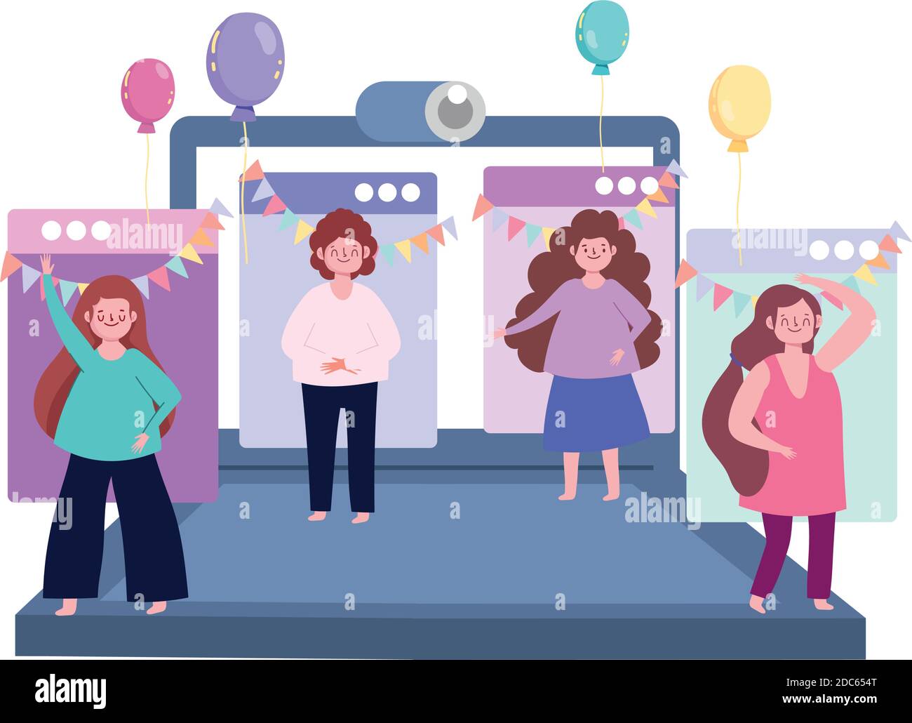 online party, people connected by computer smartphone meeting ...