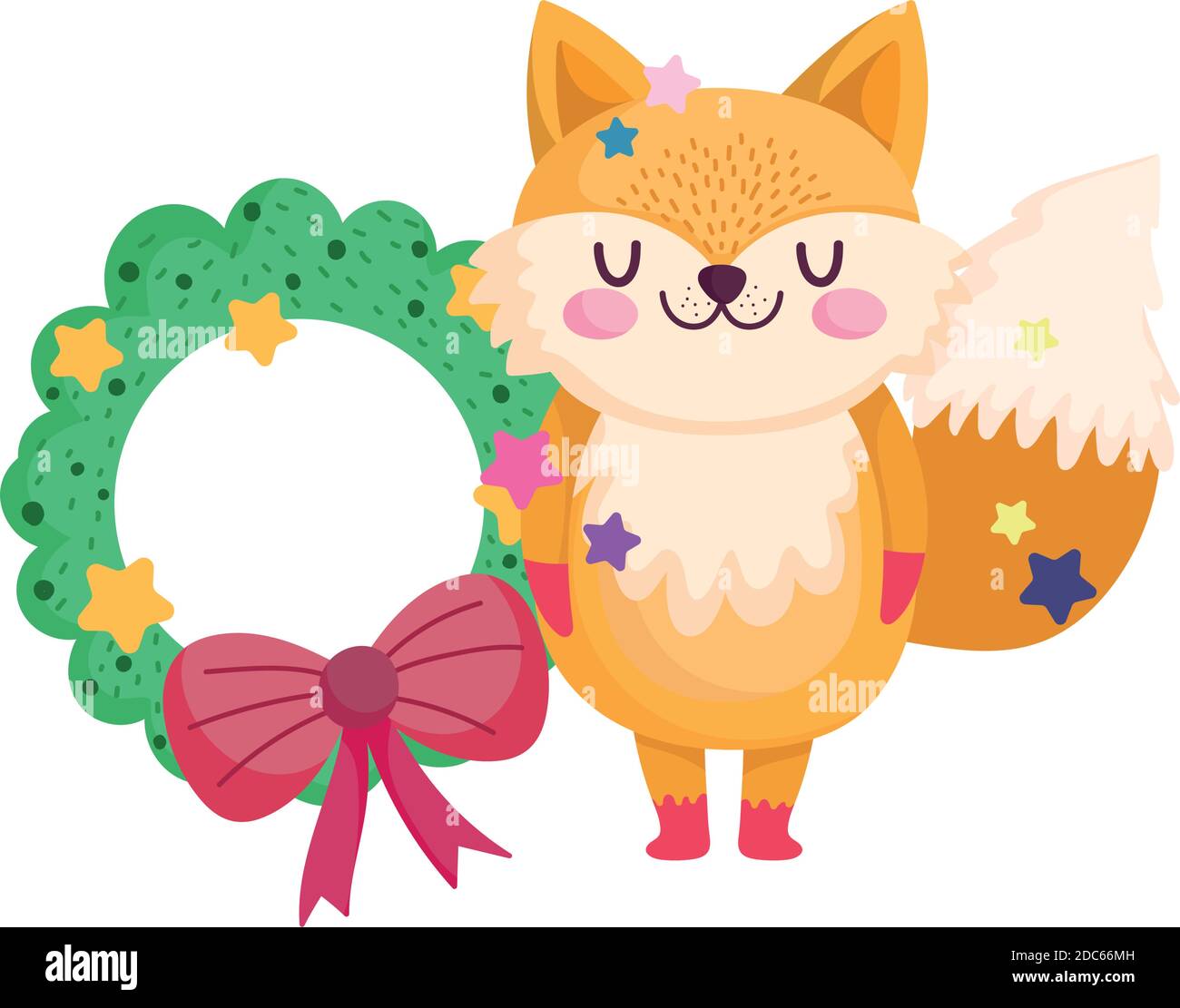 merry christmas, cute fox with wreath decoration cartoon celebration ...