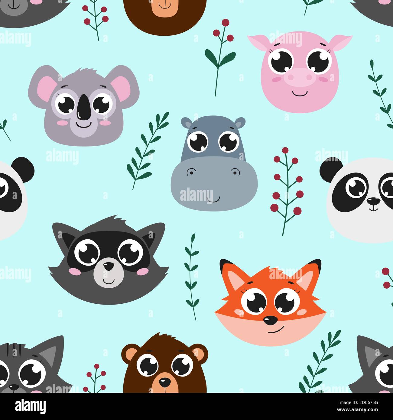 Seamless pattern of cute animals. Vector cartoon background. Flat style ...