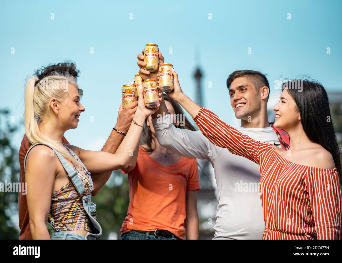 Happy friends party drinking beer picnic outdoor Stock Photo - Alamy