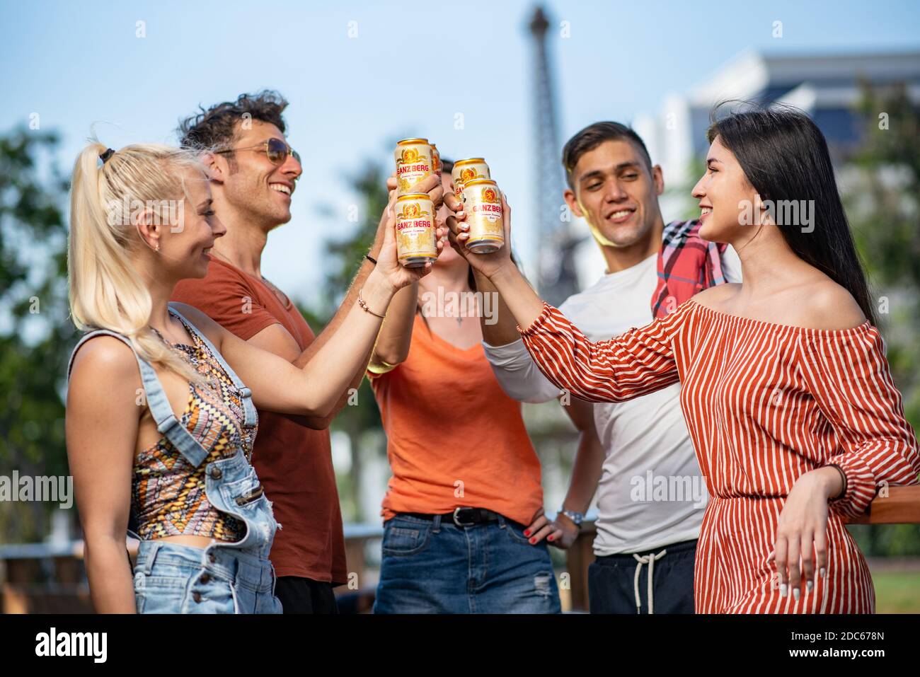 Happy friends party drinking beer picnic outdoor Stock Photo - Alamy