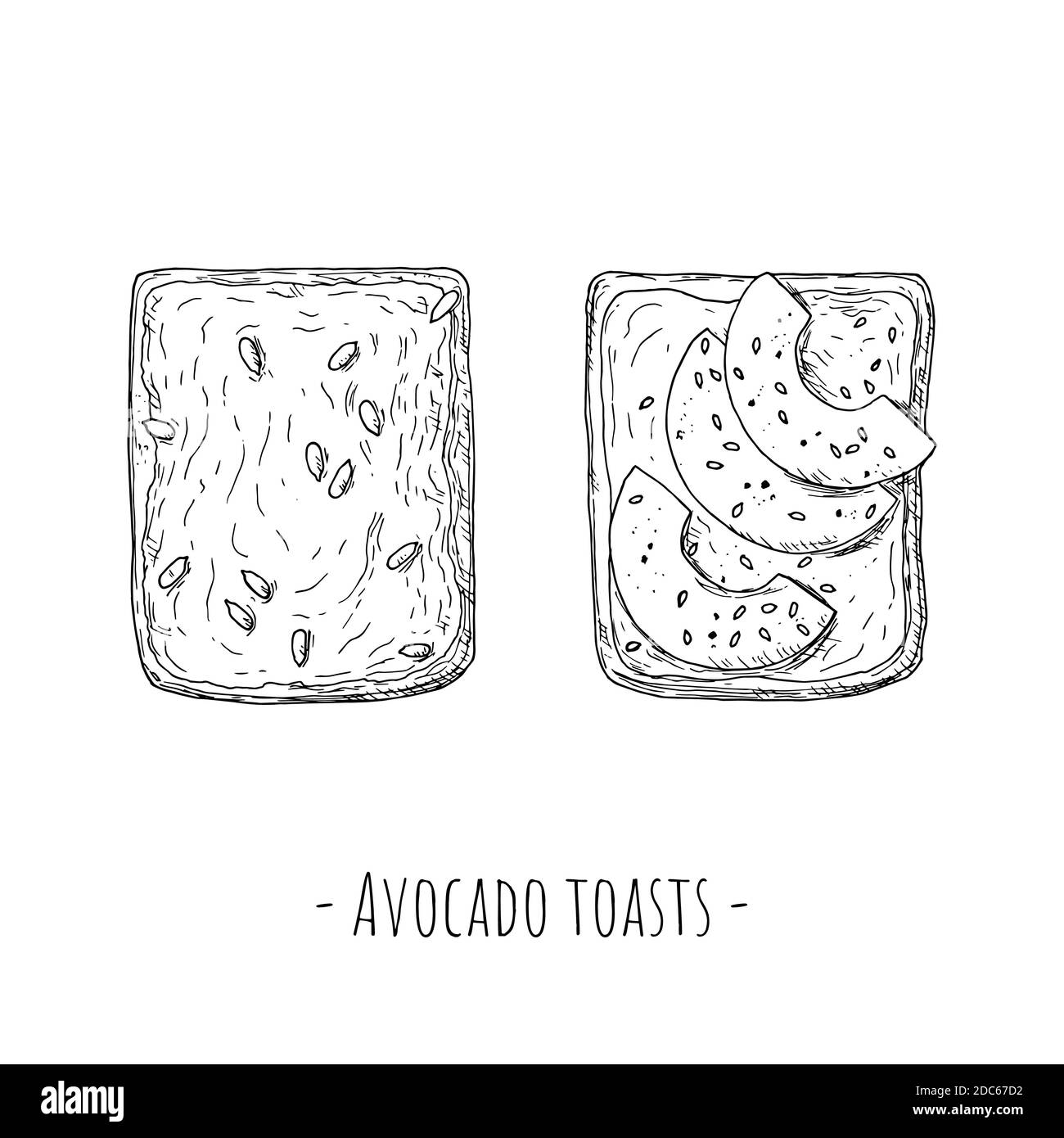 Avocado toasts. Top view. Hand-drawn style. Isolated objects on a white ...