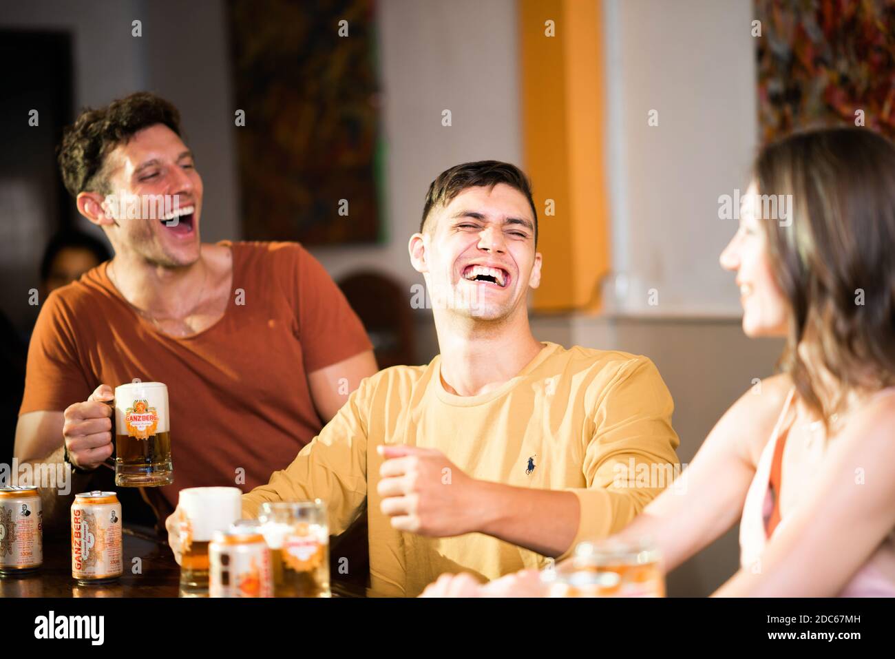 Party beer Happy friends group drinking Ganzberg beer at brewery bar ...