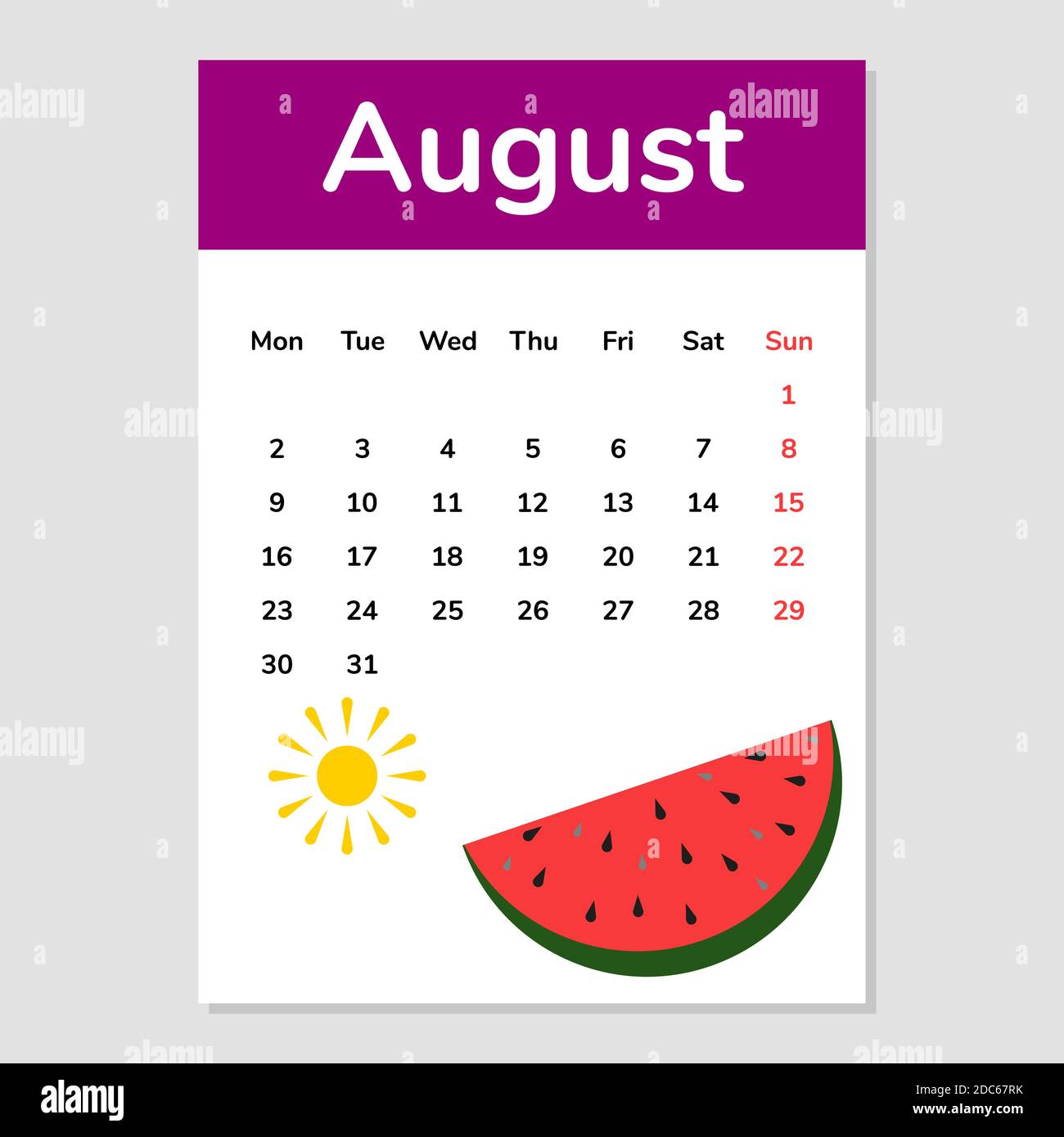 August 2021 calendar sheet with watermelon illustration. Vector Stock ...