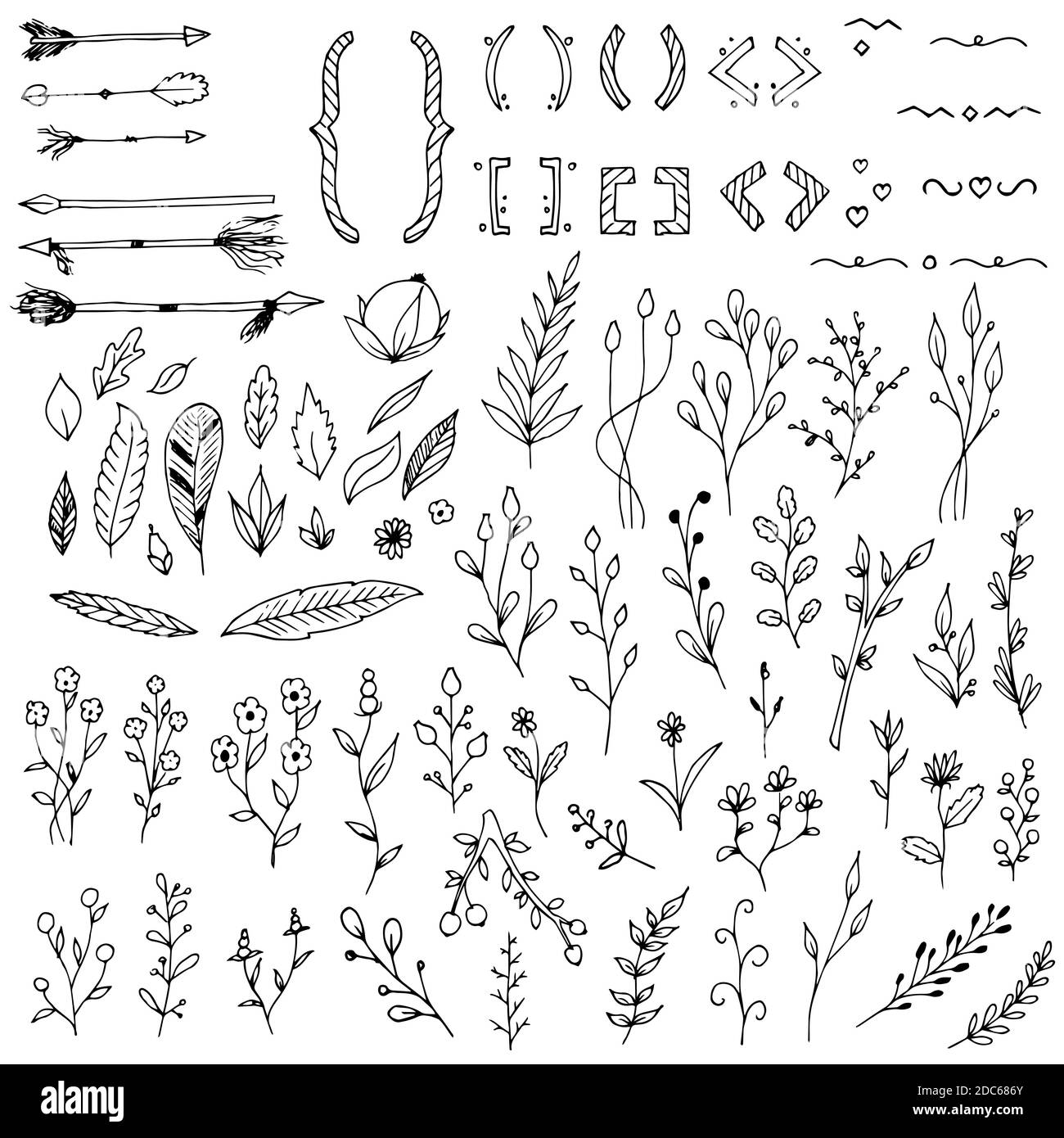 Set of plants, branches, floral elements, arrows, braces and ...