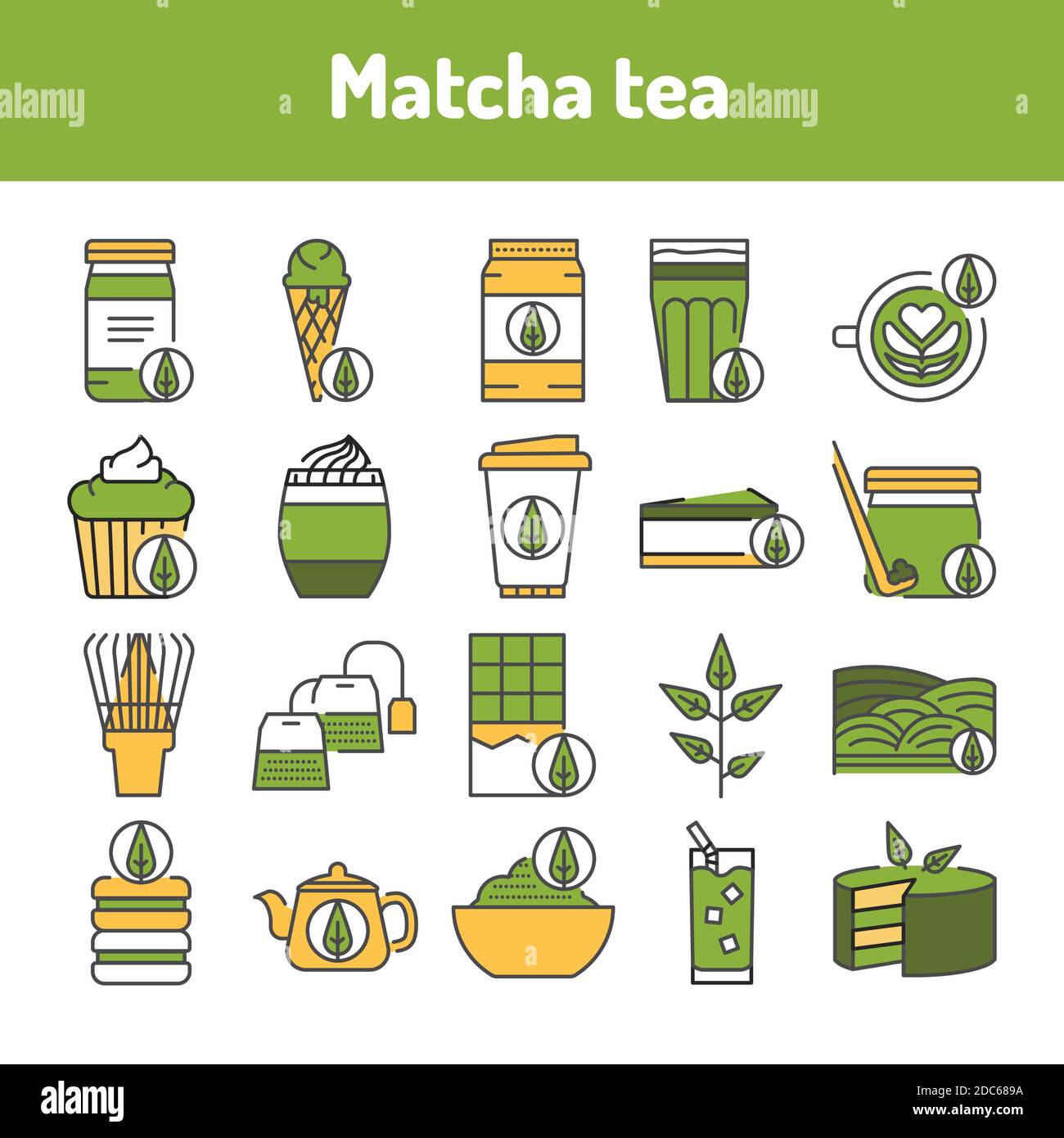 Matcha tea color line icons set. Pictograms for web page, mobile app ...