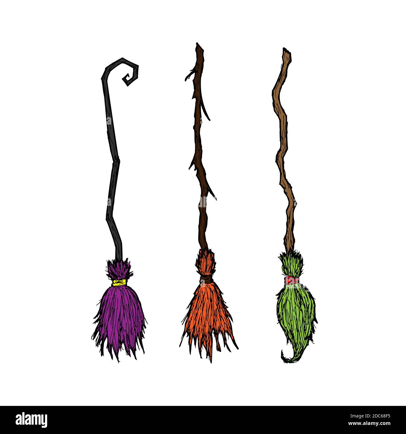 Set of witch brooms. Vector cartoon illustrations. Isolated objects on ...