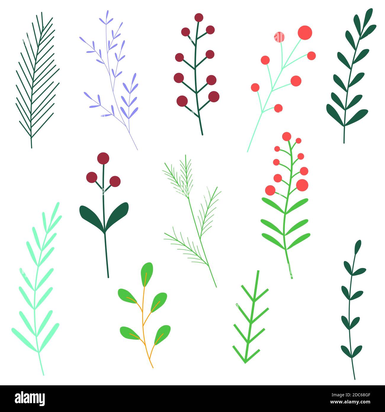 Set of floral elements. Vector cartoon plants. Isolated on white ...
