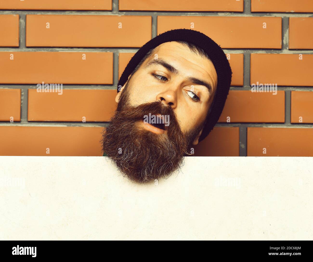 Bearded man, long beard. Brutal caucasian surprised unshaven hipster in ...