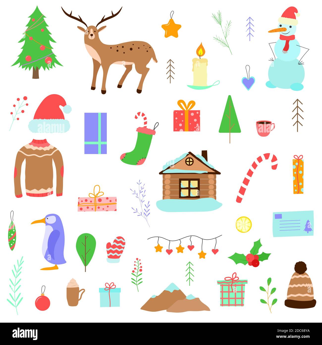 Set of Christmas illustrations. Vector cartoon icons. Isolated objects ...