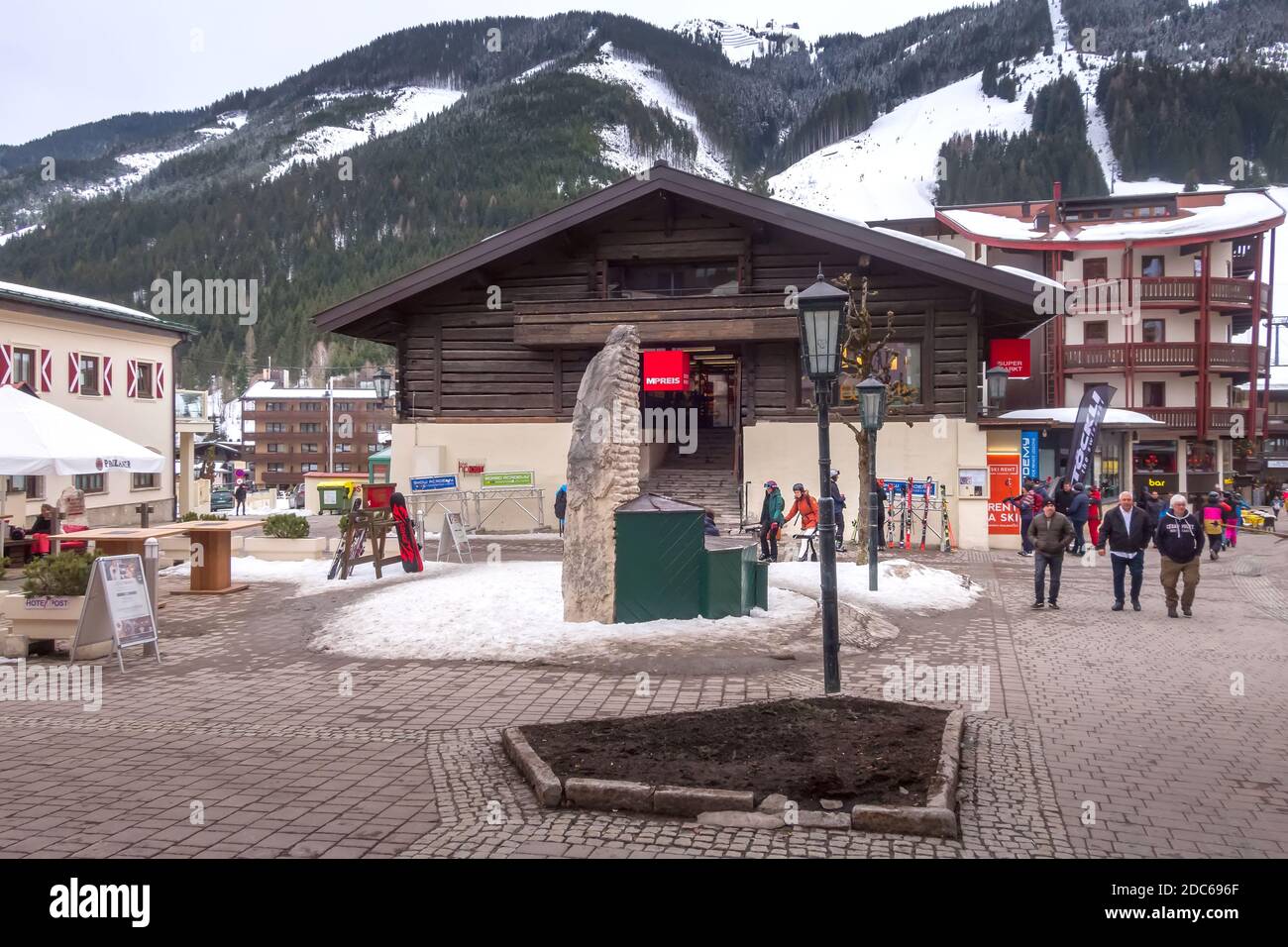 Saalbach, Austria - March 5, 2020: Town village street view in downtown ...