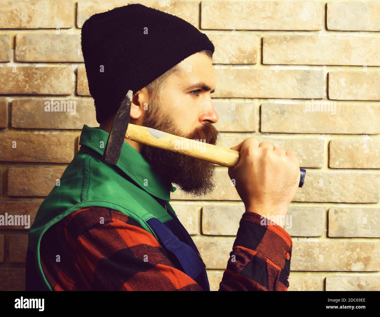 bearded builder man, long beard, brutal caucasian hipster with ...