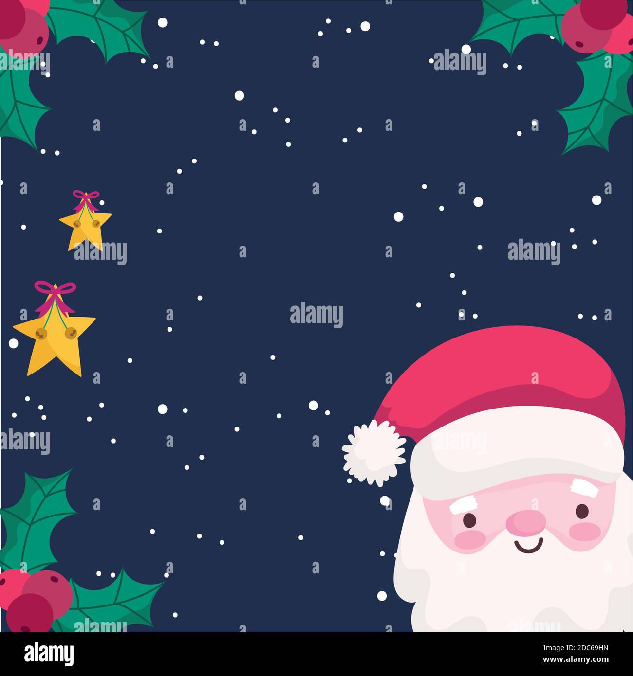 merry christmas face santa stars and holly berry background vector ...