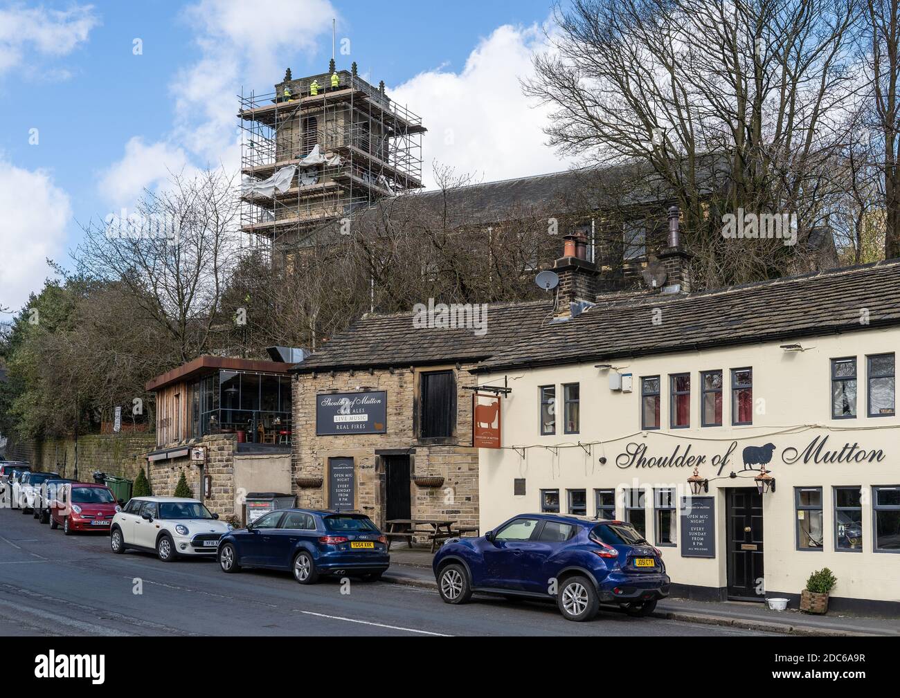 the shoulder of mutton public house, slaithwaite with church tower and ...
