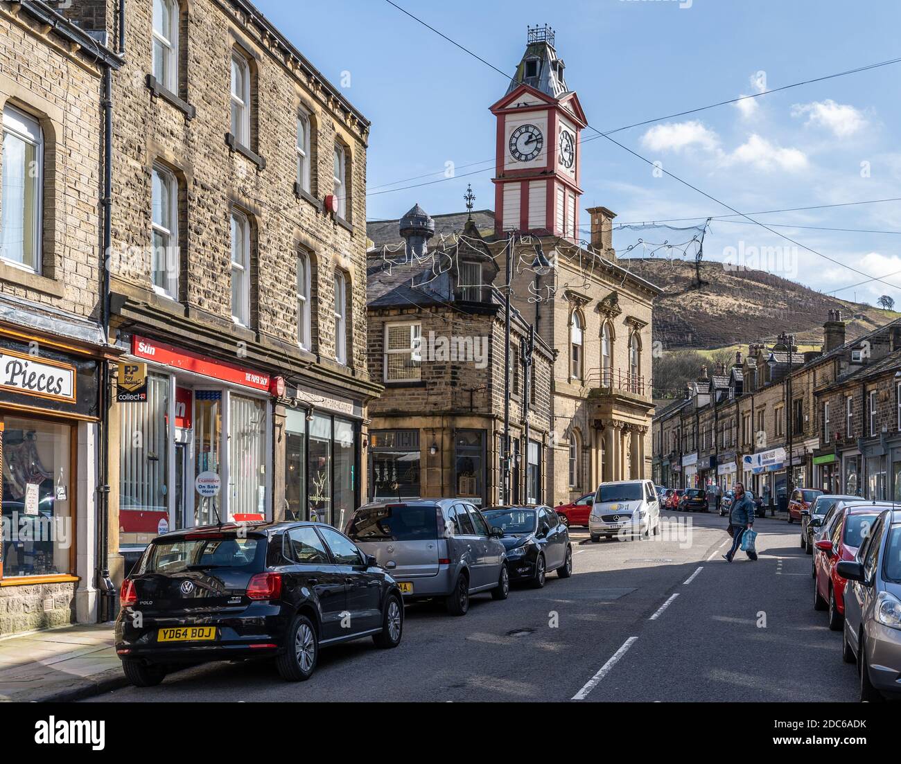 view down peel st, marsden, showing the mechanics hall Stock Photo - Alamy