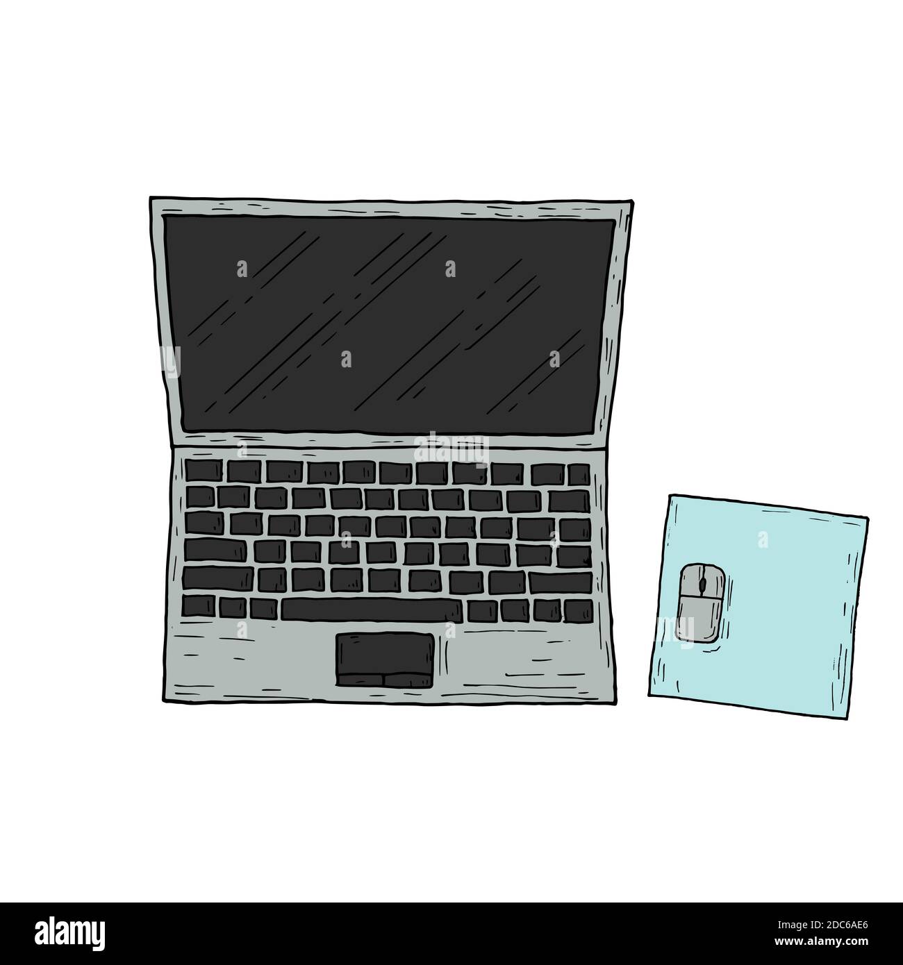 Laptop and mouse. Vector cartoon illustration. Hand-drawn style. Top ...