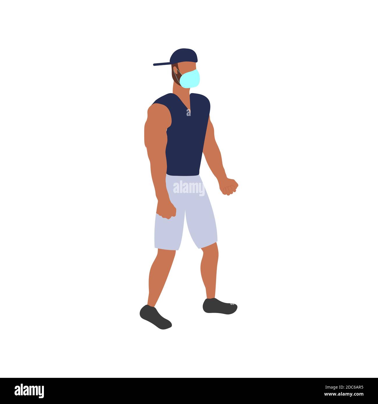 Muscular man in a cap wearing a protective mask. Vector illustration ...