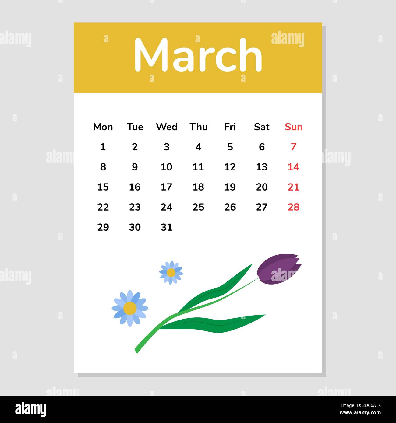 March 2021 calendar sheet with tulip illustration. Vector Stock Vector ...