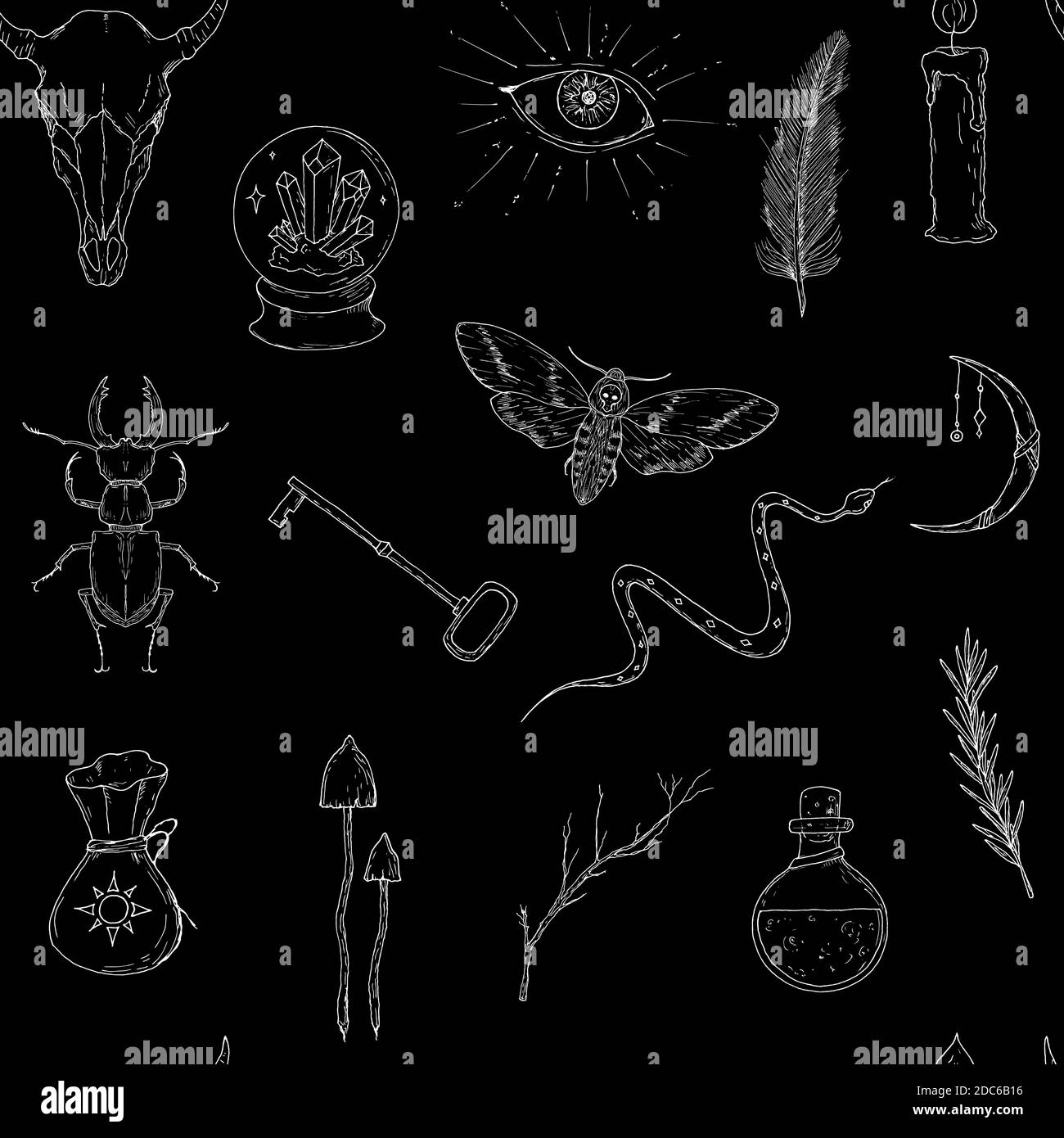 Seamless patter of occult elements. Vector background. Hand-drawn style ...