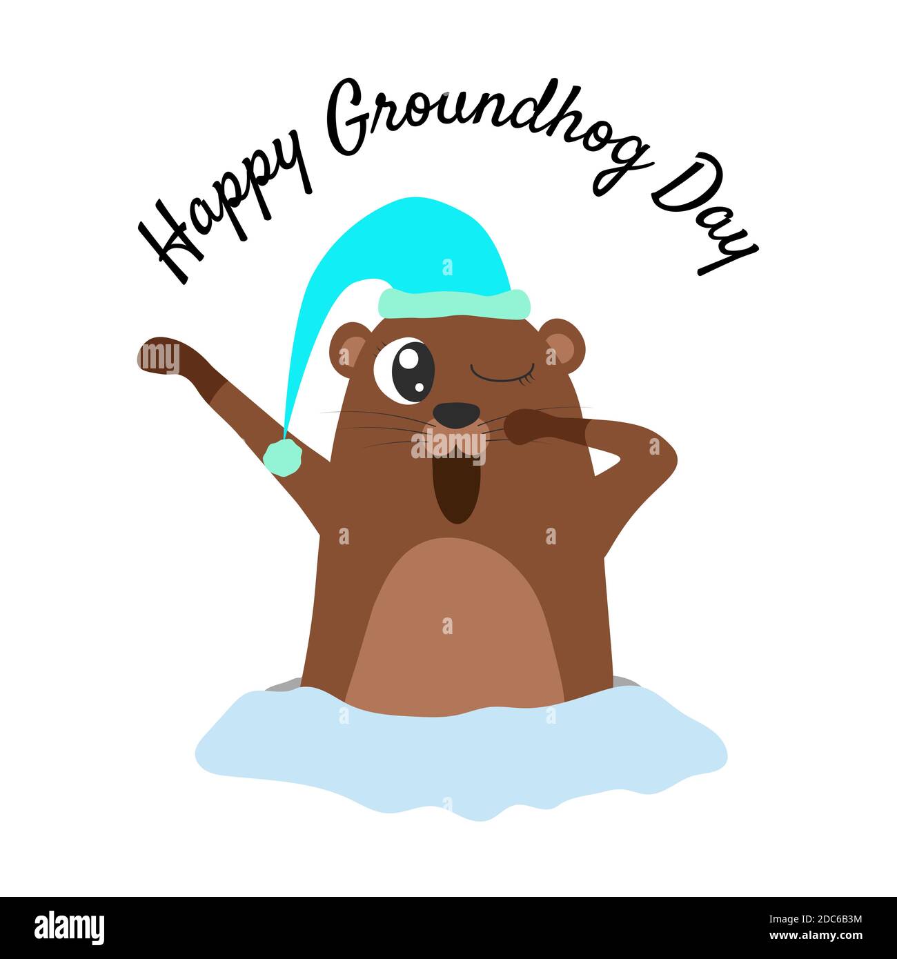 Happy groundhog day. Groundhog in a hat coming out of its burrow and ...
