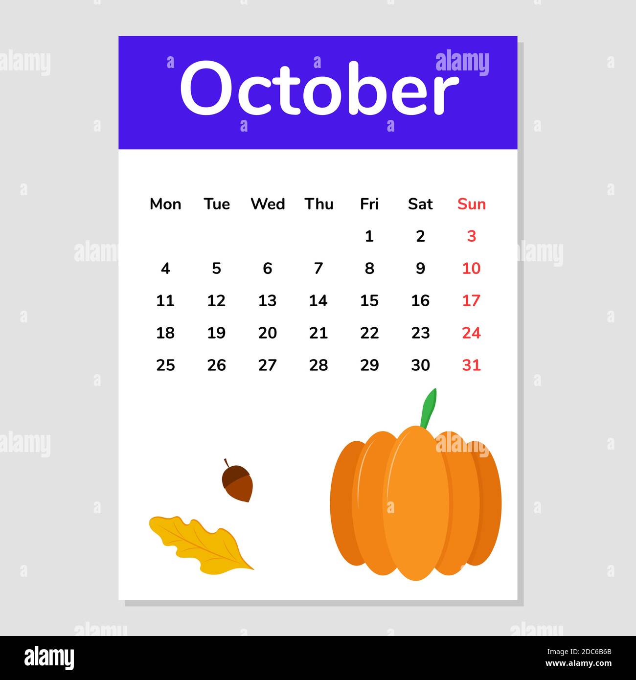 October 2021 calendar sheet with pumpkin illustration. Vector Stock ...
