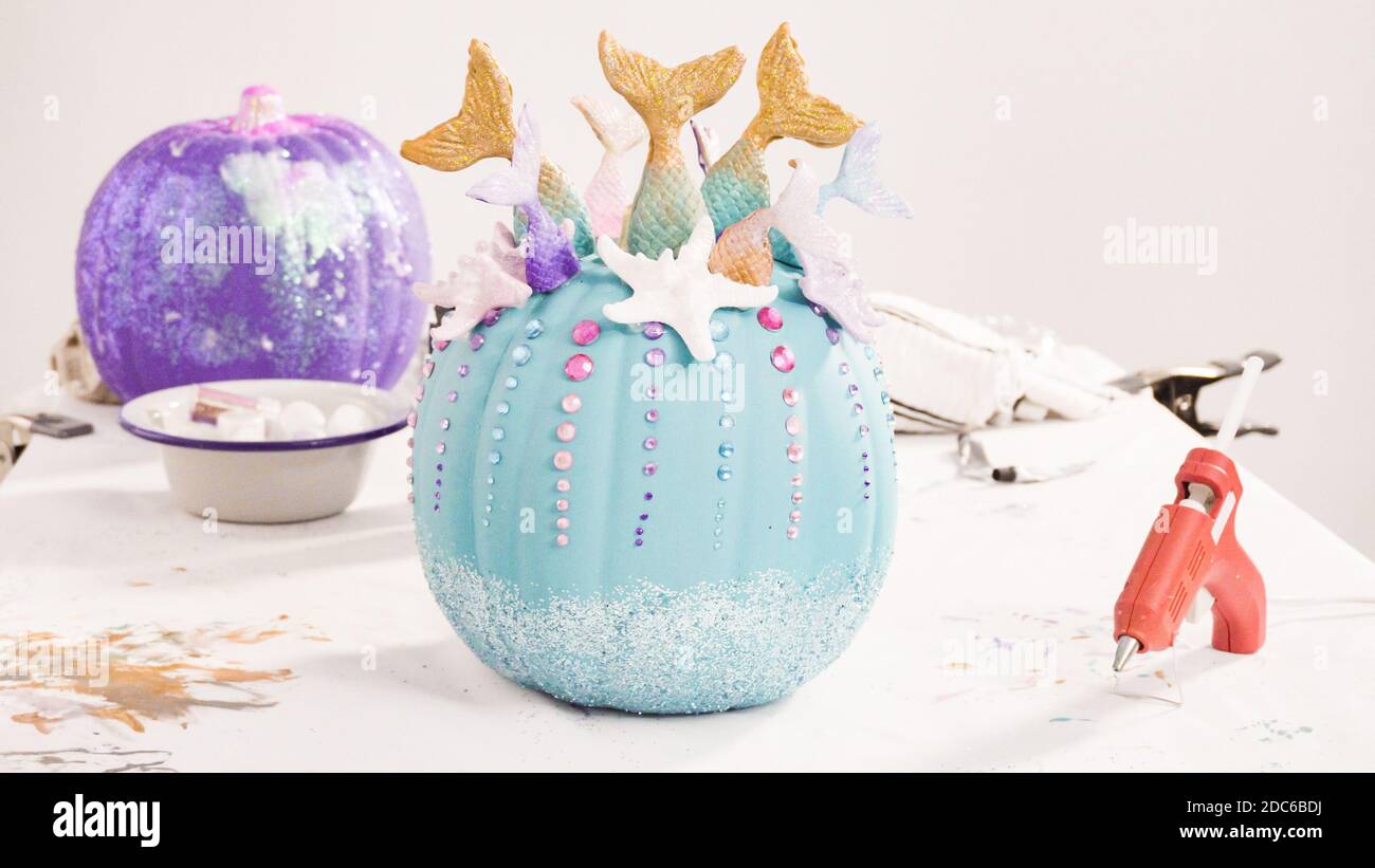Step by step. Decorating art pumpkins with rhynestones, mermaid tails ...